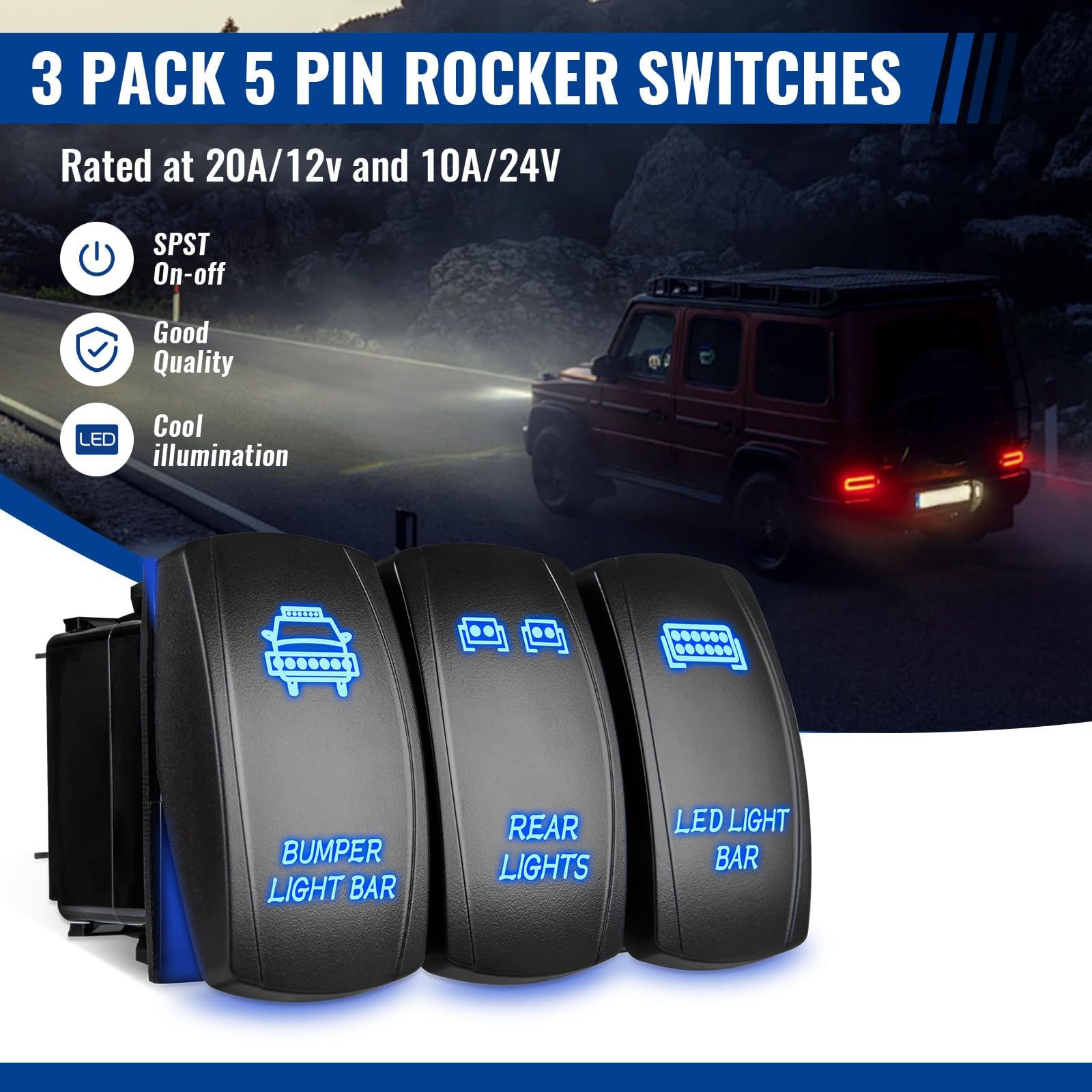 Snapklik.com : Anina 3 Pack 5 Pin Rocker Switch Rear & Bumper & LED ...