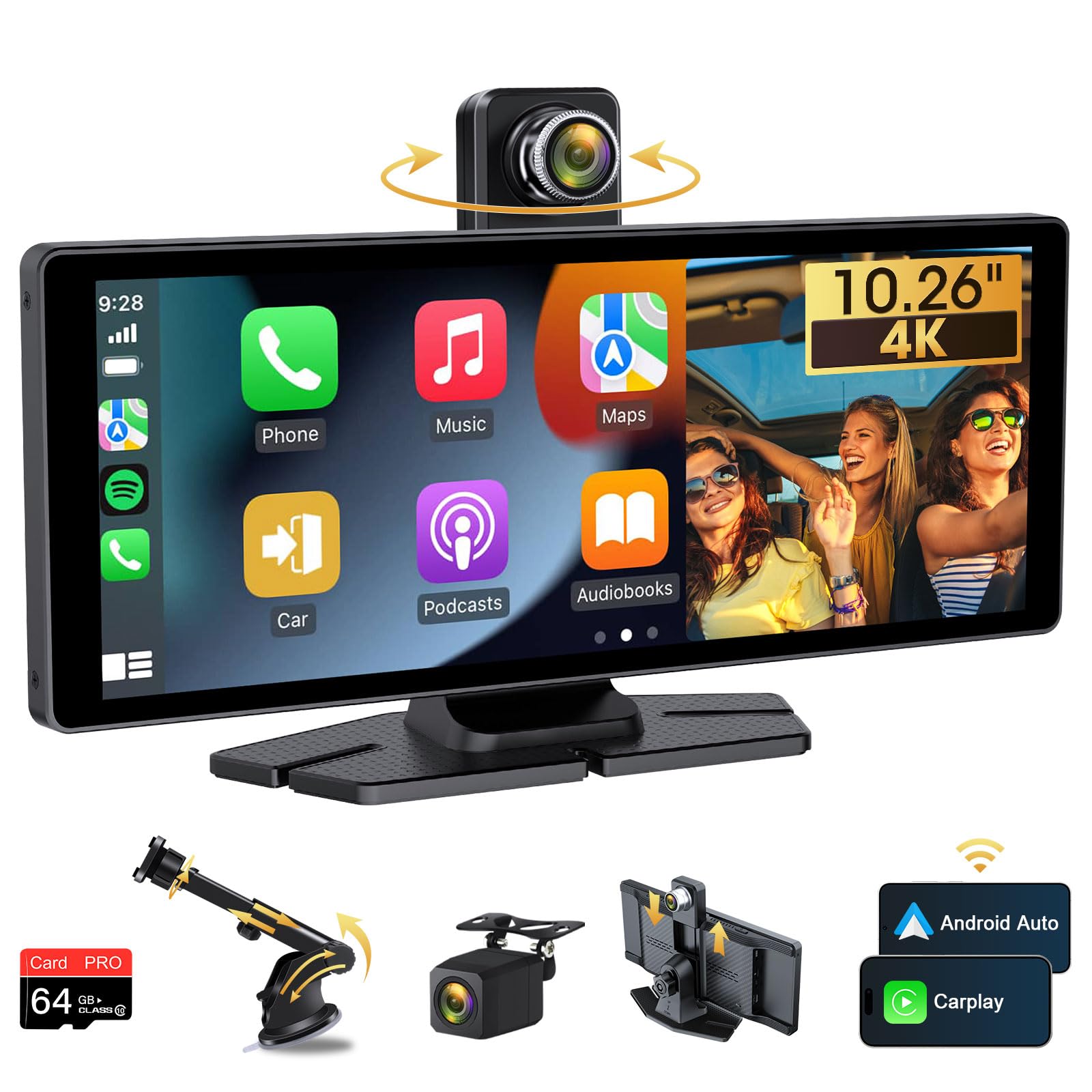 Upgrade 4K Car Play Screen for Car 350° Rotatable Camera 10.26 ...
