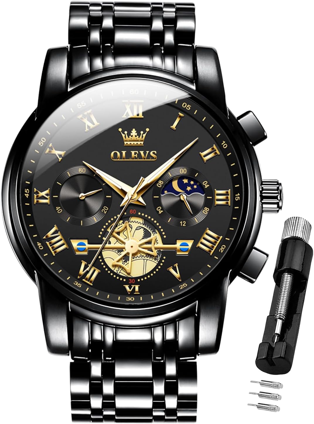 OLEVS Black Watches for Men Classic Roman Numeral Big Face Dial ...