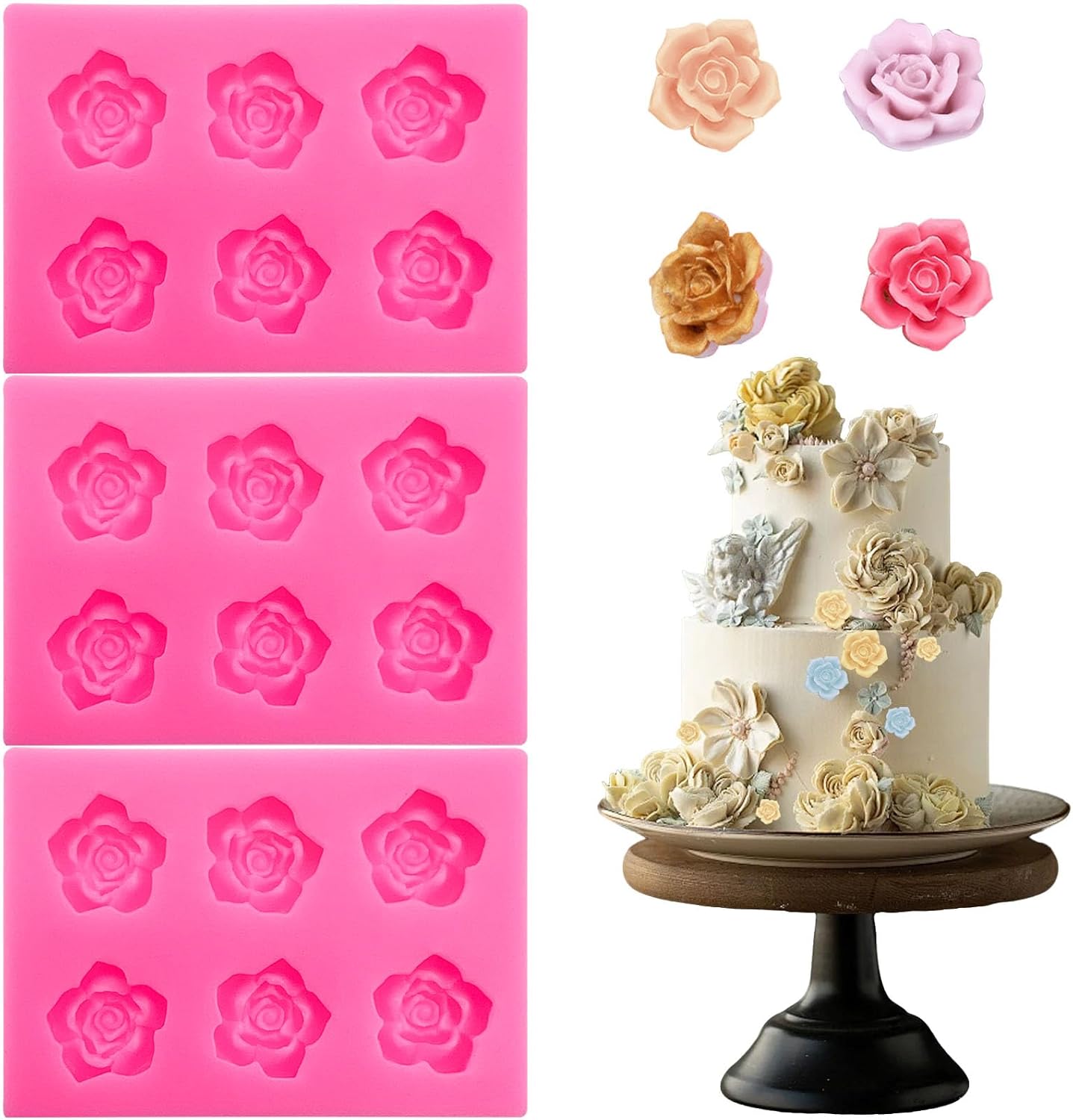Amazon.com: 3Pcs Rose Flower Silicone Molds, Mini Rose Fondant Molds ...
