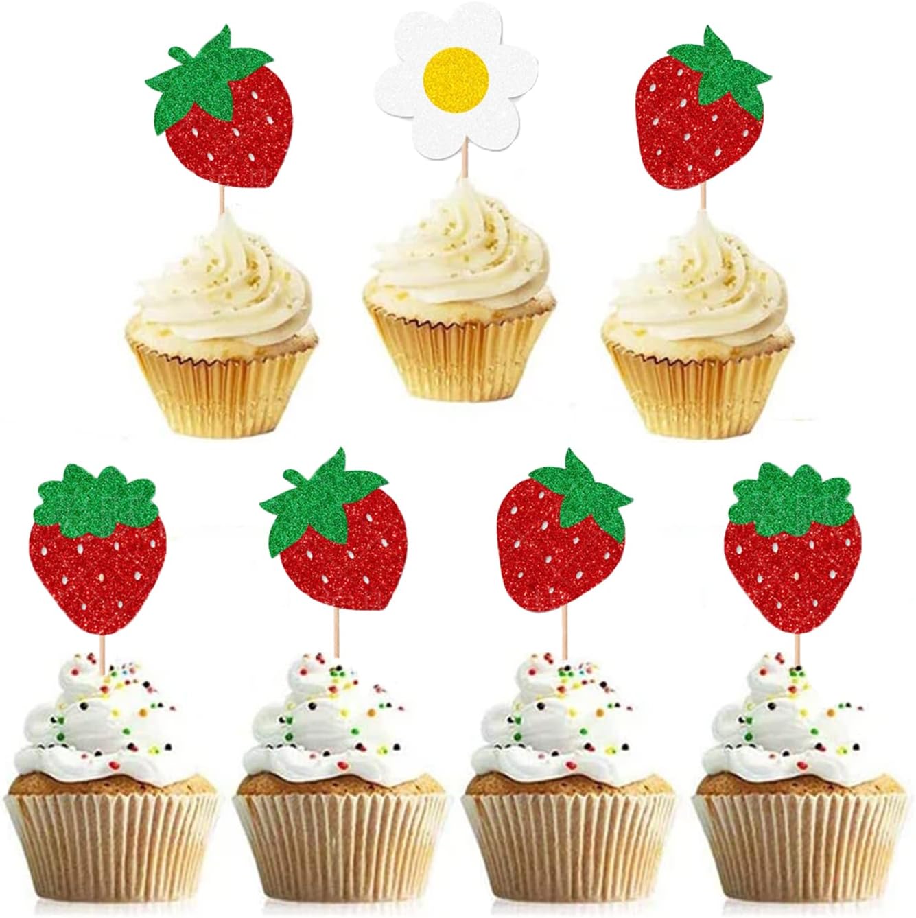Amazon.com: 24PCS Strawberry Cupcake Toppers,Red Glitter Flower Fruits ...