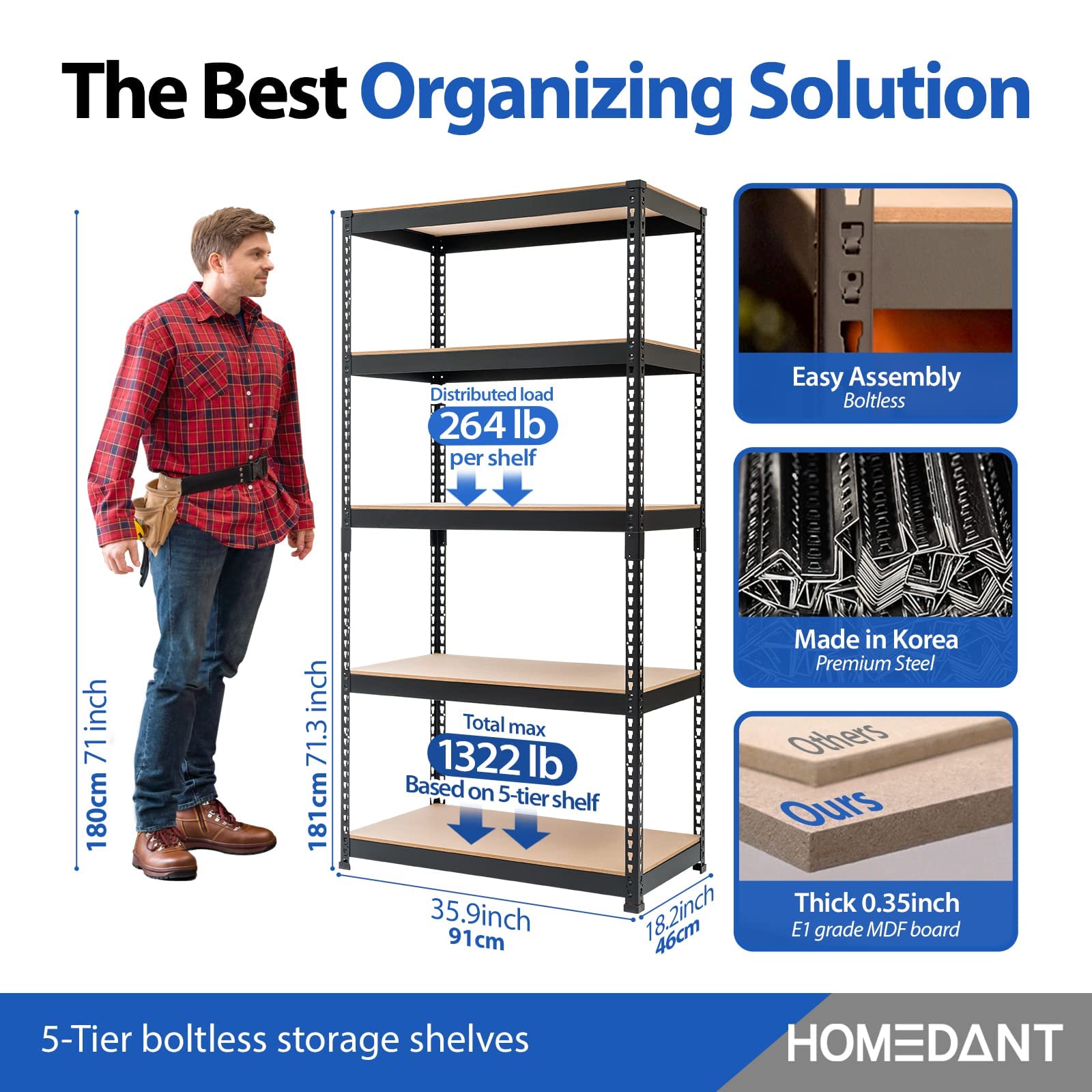 HOMEDANT, Heavy Duty Garage Storage, 5-Tier Adjustable Metal Shelving ...