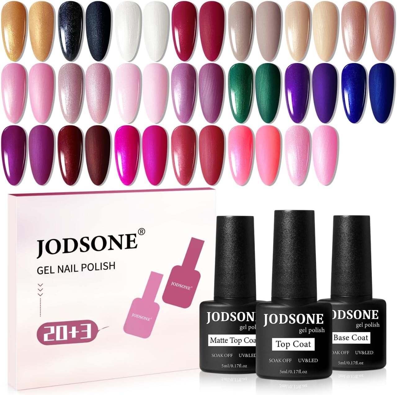 Amazon.com : JODSONE 20 Glitter Color Gel Nail Polish Kit 3 Bottles of No Wipe Base Coat Glossy ...