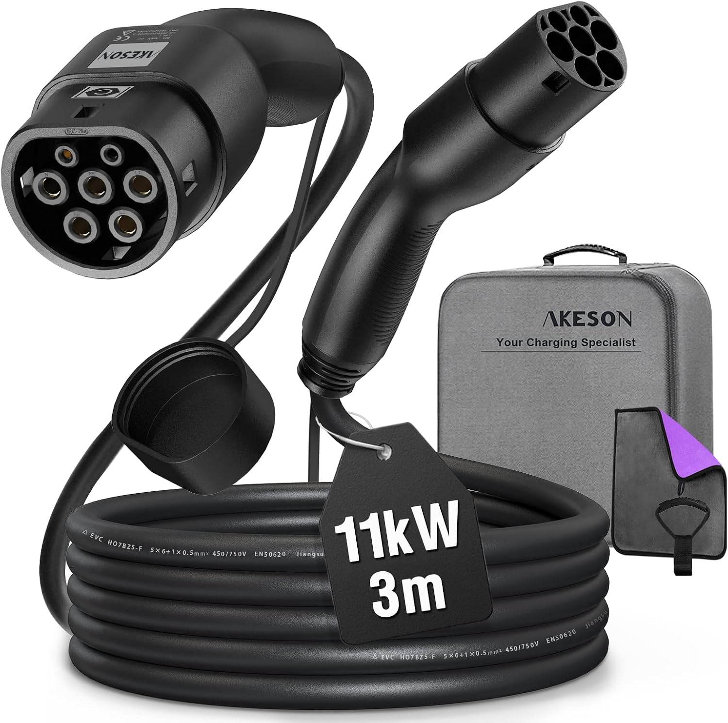 AKESON Typ 2 Ladekabel für Elektroautos - 11kW, 3M, Dreiphasen, 16A ...