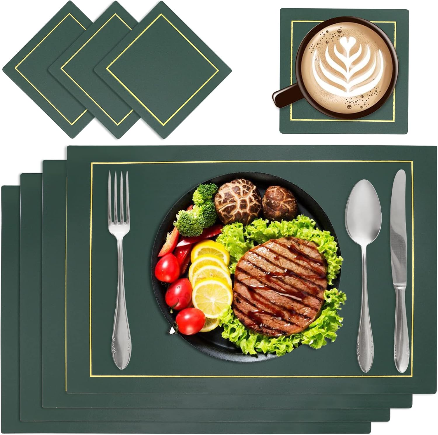 Ocves Placemats and Coasters Sets of 4, PU Leather Table Mats Heat ...