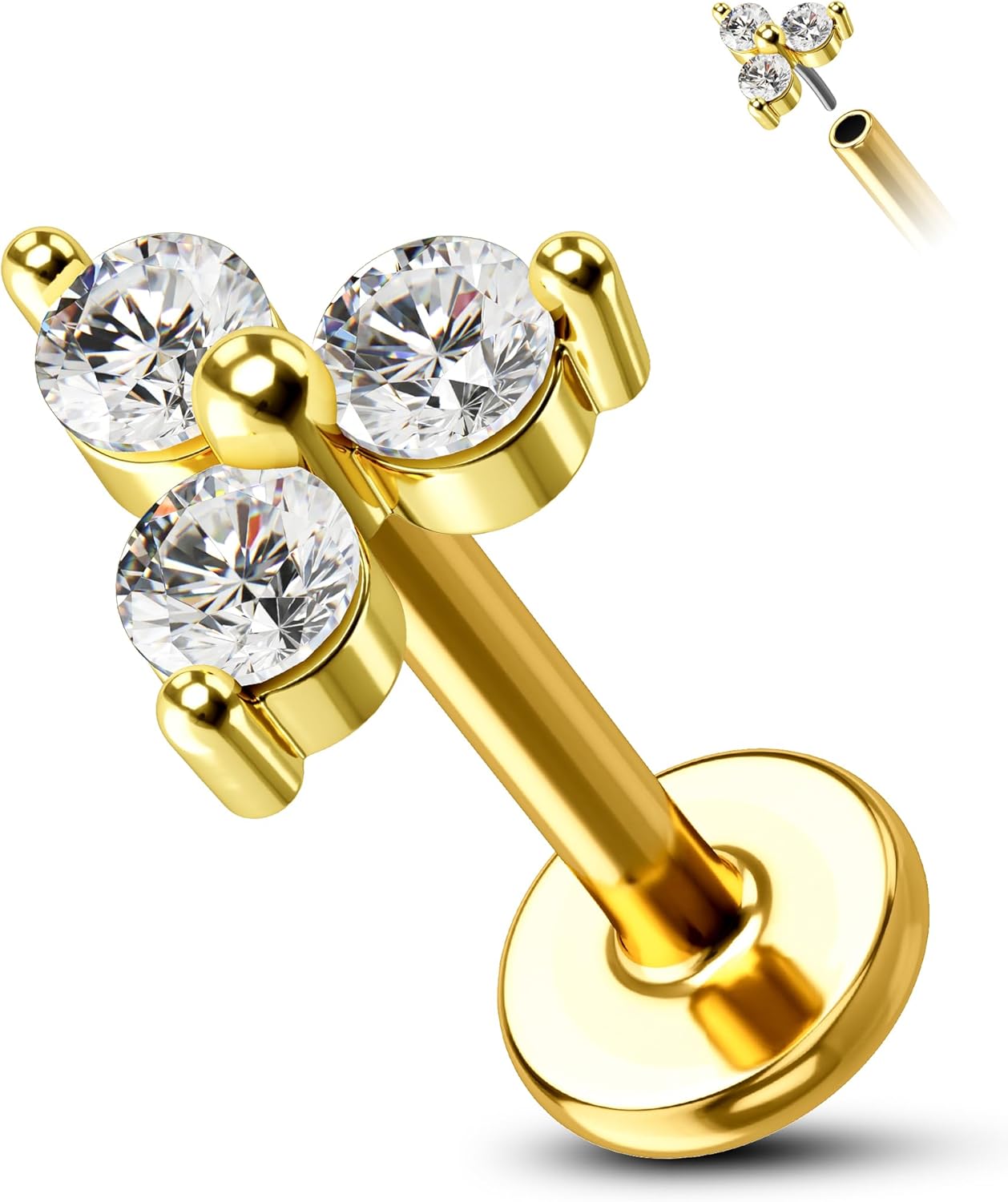 Amazon.com: COCHARM Triple CZ Threadless Flat Back Stud Earrings 16g ...