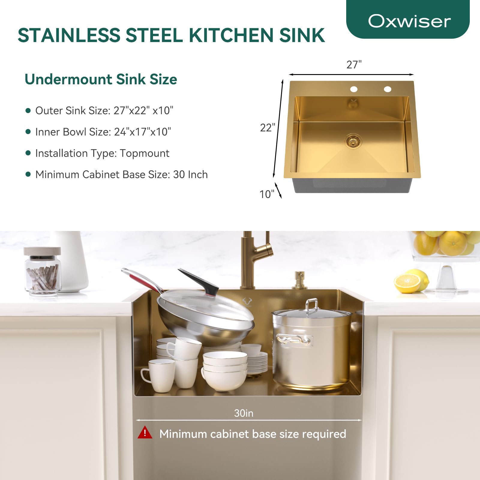 Snapklik.com : Drop In Kitchen Sink 27 Inch Gold Top Mount Sink 16 ...