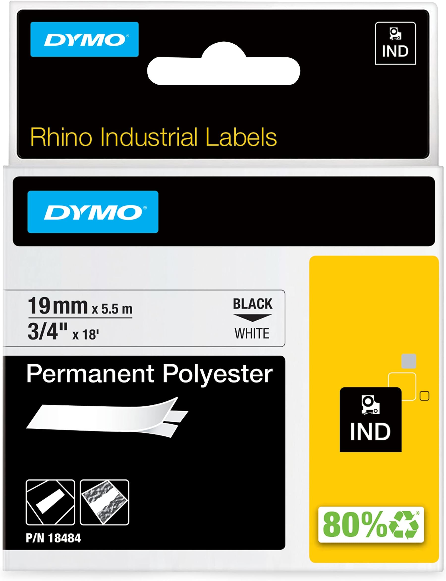 DYMO Rhino Industrial Permanent Polyester Labels | 19mm x 5.5m | Black ...