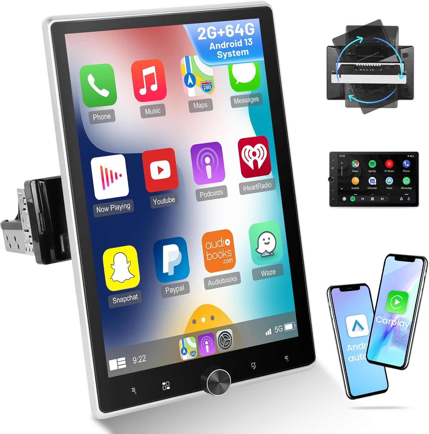 Amazon.com: [2G+64G] Single Din Android Car Stereo Rotatable 10.4 inch ...