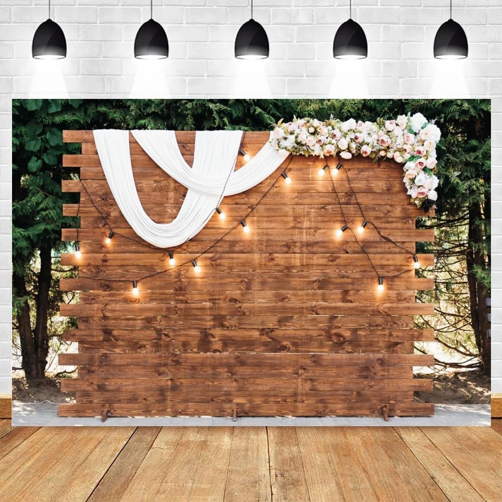 Amazon.com : 7x5ft Rustic Wedding Backdrop Brown Wood with Pink Flowers ...