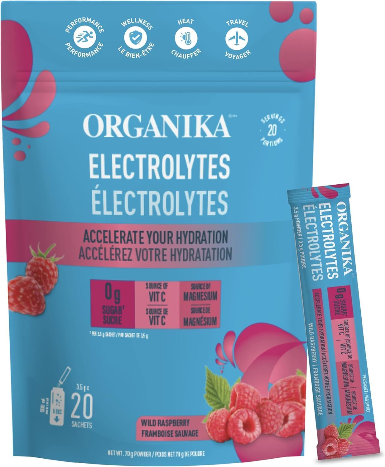 Organika Canadian-Made Electrolytes Powder- Wild Raspberry Sachets- On ...