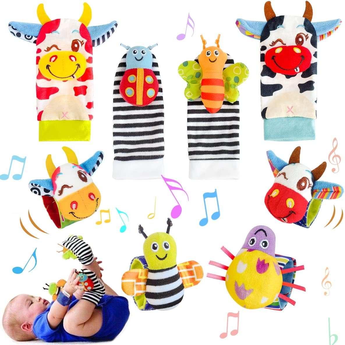 8Pcs Baby Wrist Rattle Foot Finder Socks Infant Developmental Sensory ...