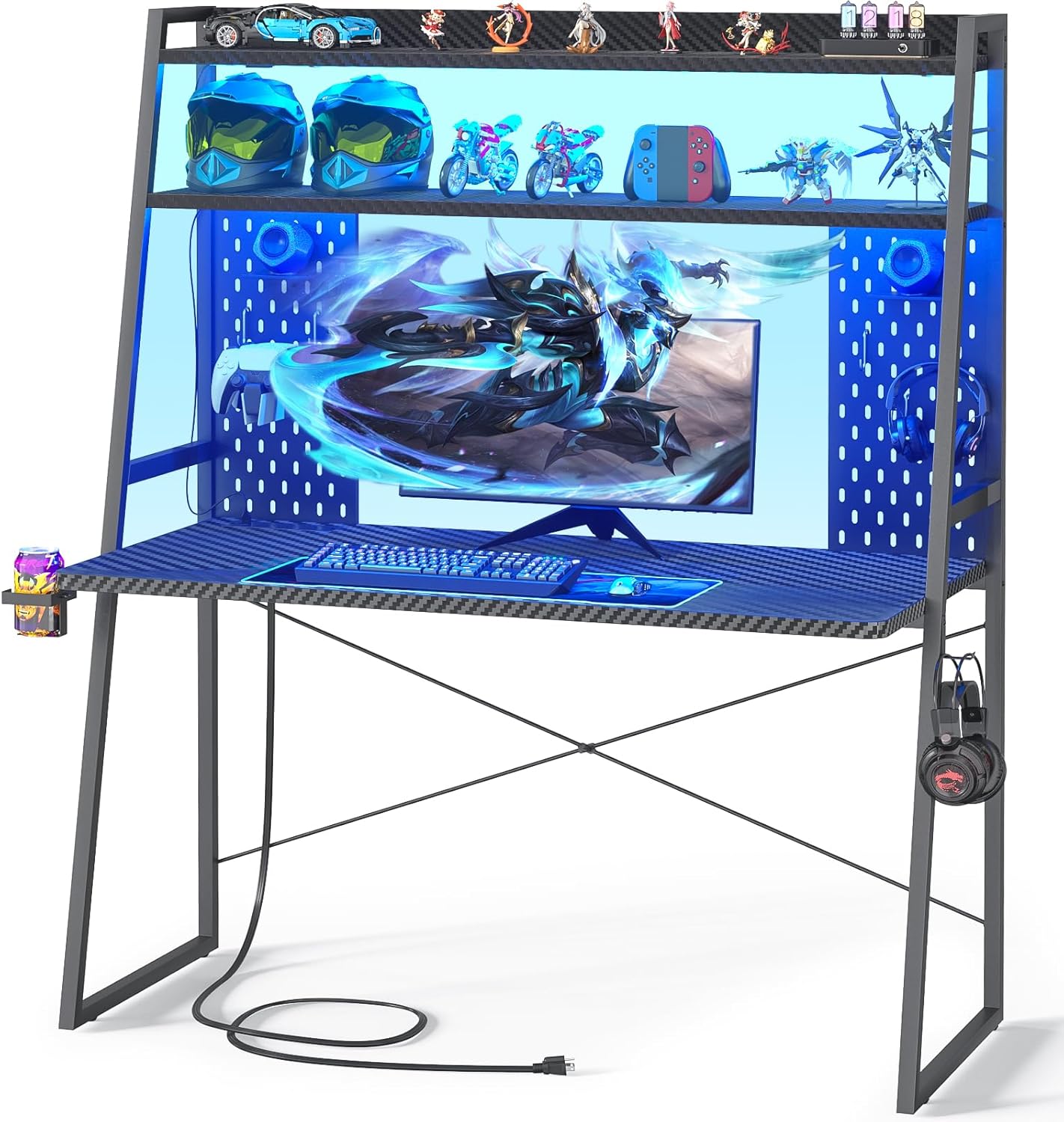 Amazon.com: Besiost Small Gaming Desk with Hutch and LED Lights, Gaming ...