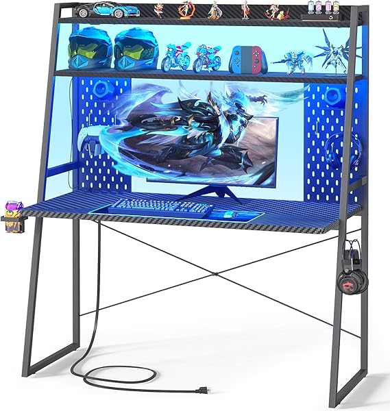 Amazon.com: Besiost Small Gaming Desk with Hutch and LED Lights, Gaming ...