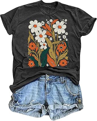 Zylkor Boho Floral T Shirts Women Colorful Wildflower Graphic Tee ...