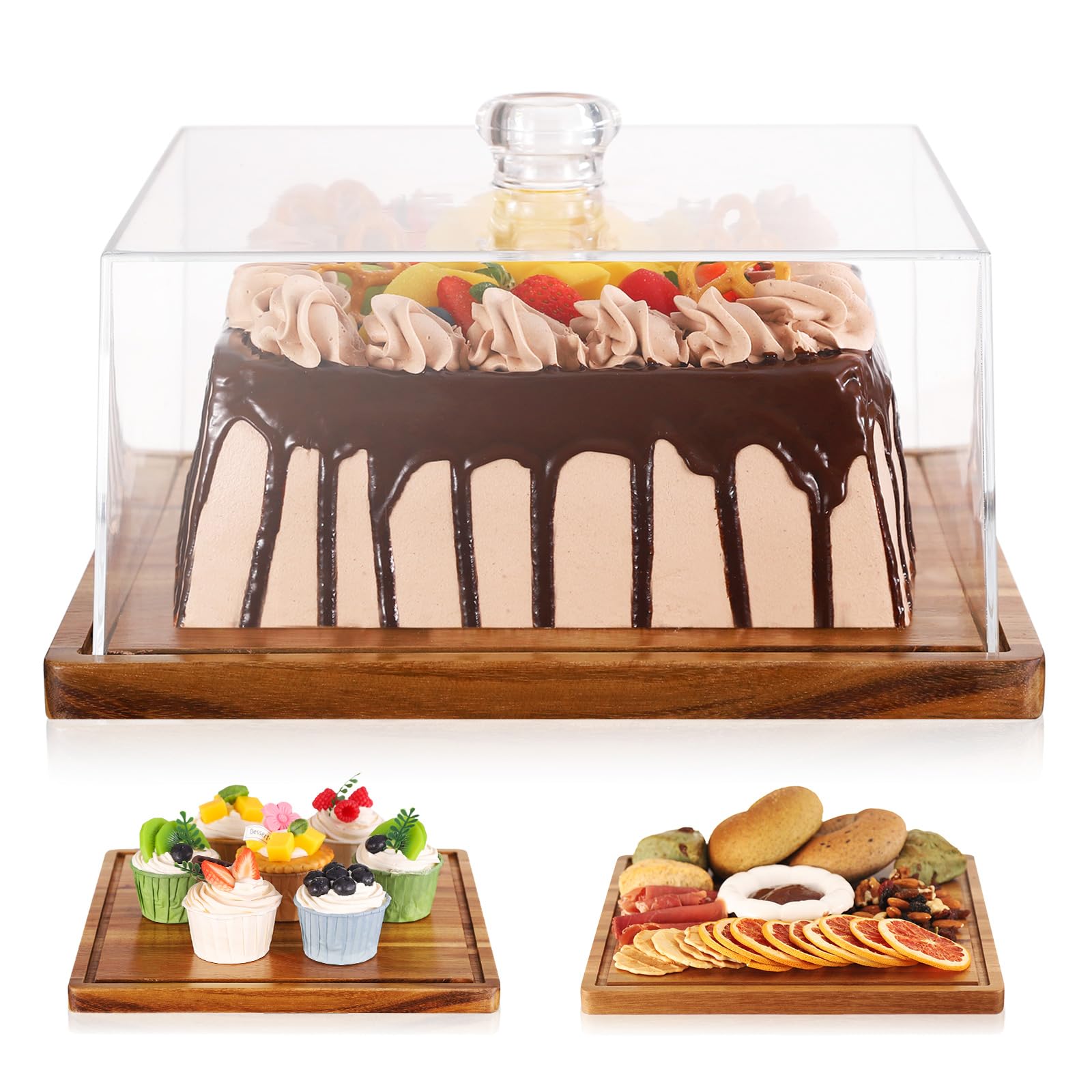 Amazon.com | Square Cake Stand，Acacia Wood Cake Holder with Dome，Square ...