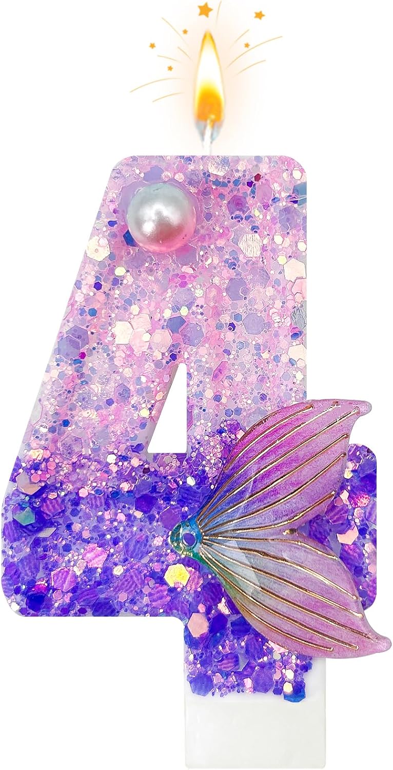 Amazon.com: HXOUSE Purple Mermaid Number 4 Birthday Candles - Mermaid ...
