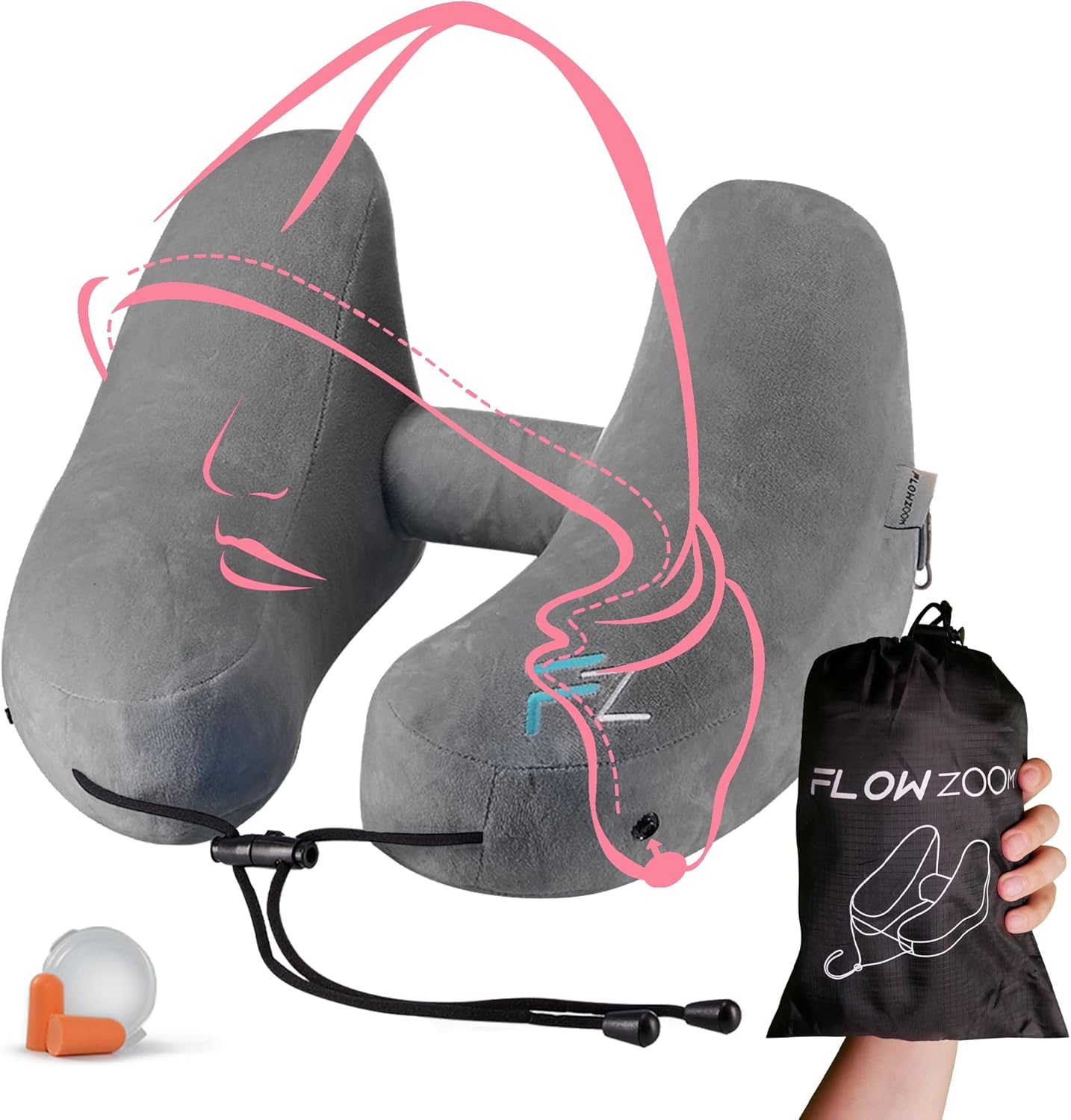FLOWZOOM AIR Inflatable Travel Pillow for Airplane - Hooded Neck Pillow ...