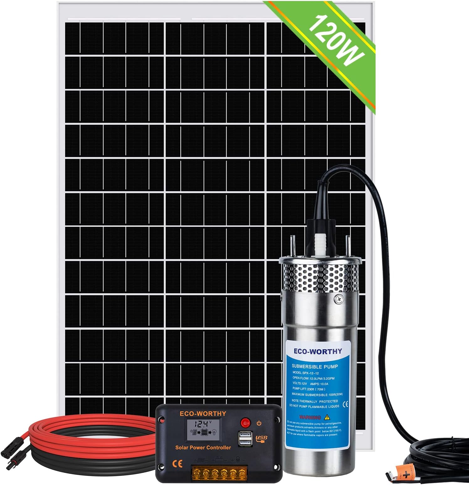 DCHOUSE Solar Water Pump Kit, 120W Solar Panel - 12V Water Pump - 20A ...
