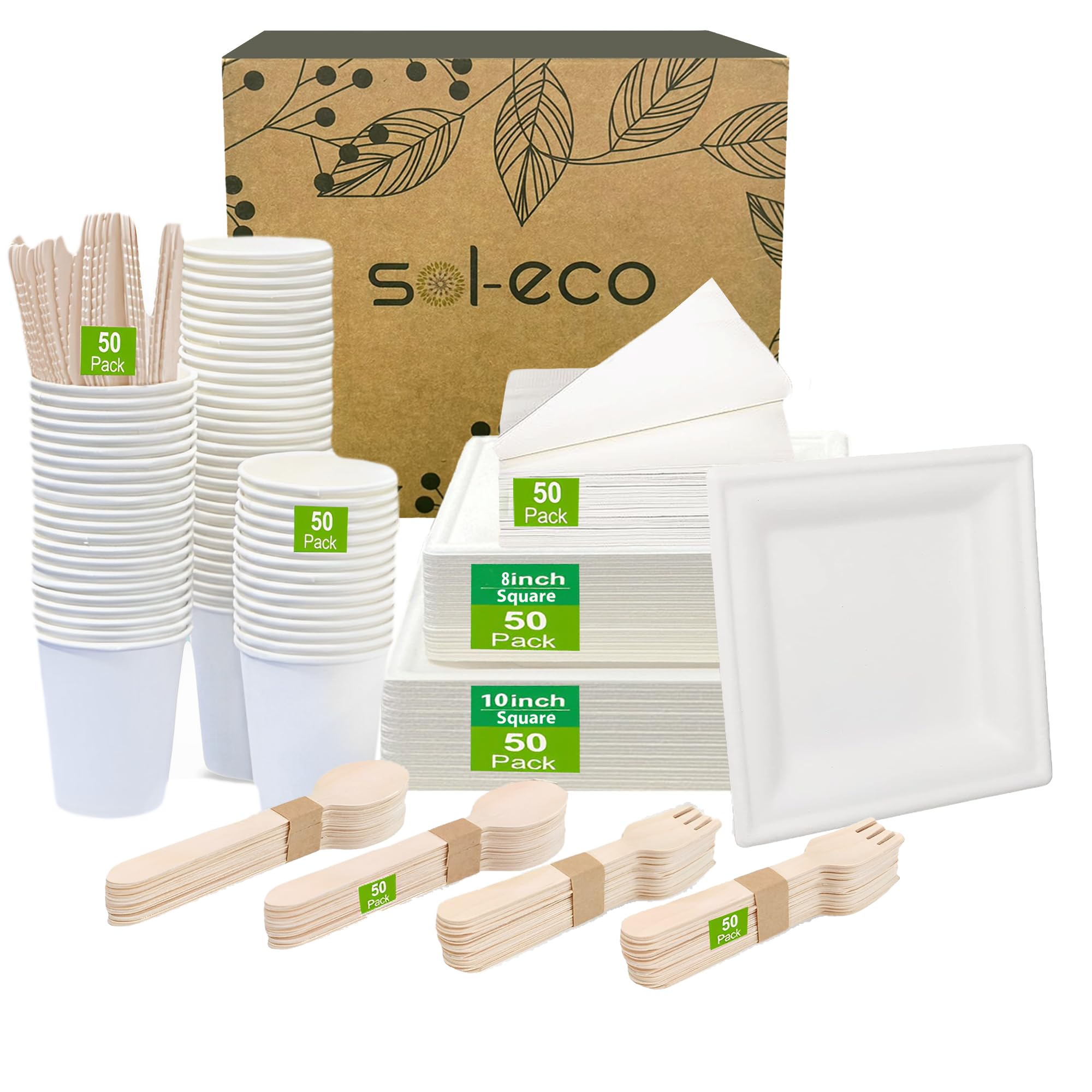 SOL ECO compostable paper plates set, 350 PCS Heavy-Duty biodegradable ...