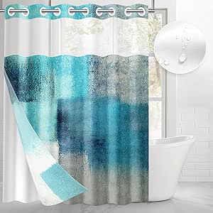 Amazon.com: Nesphy No Hook Turquoise Grey Painting Shower Curtain with Snap in Fabric Liner Set ...