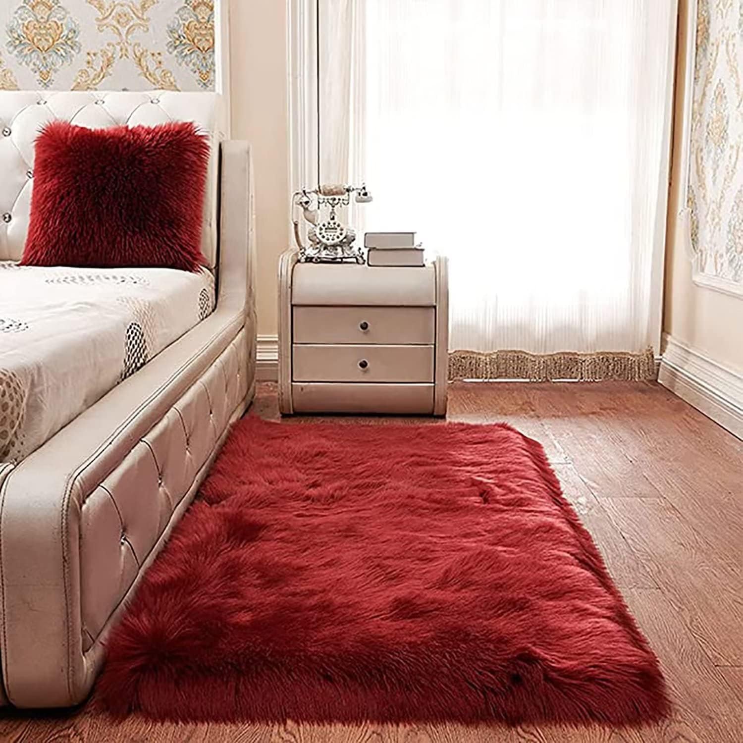 Amazon.com: Yefound Ultra Soft Faux Fur Area Rug - Burgundy Fluffy ...