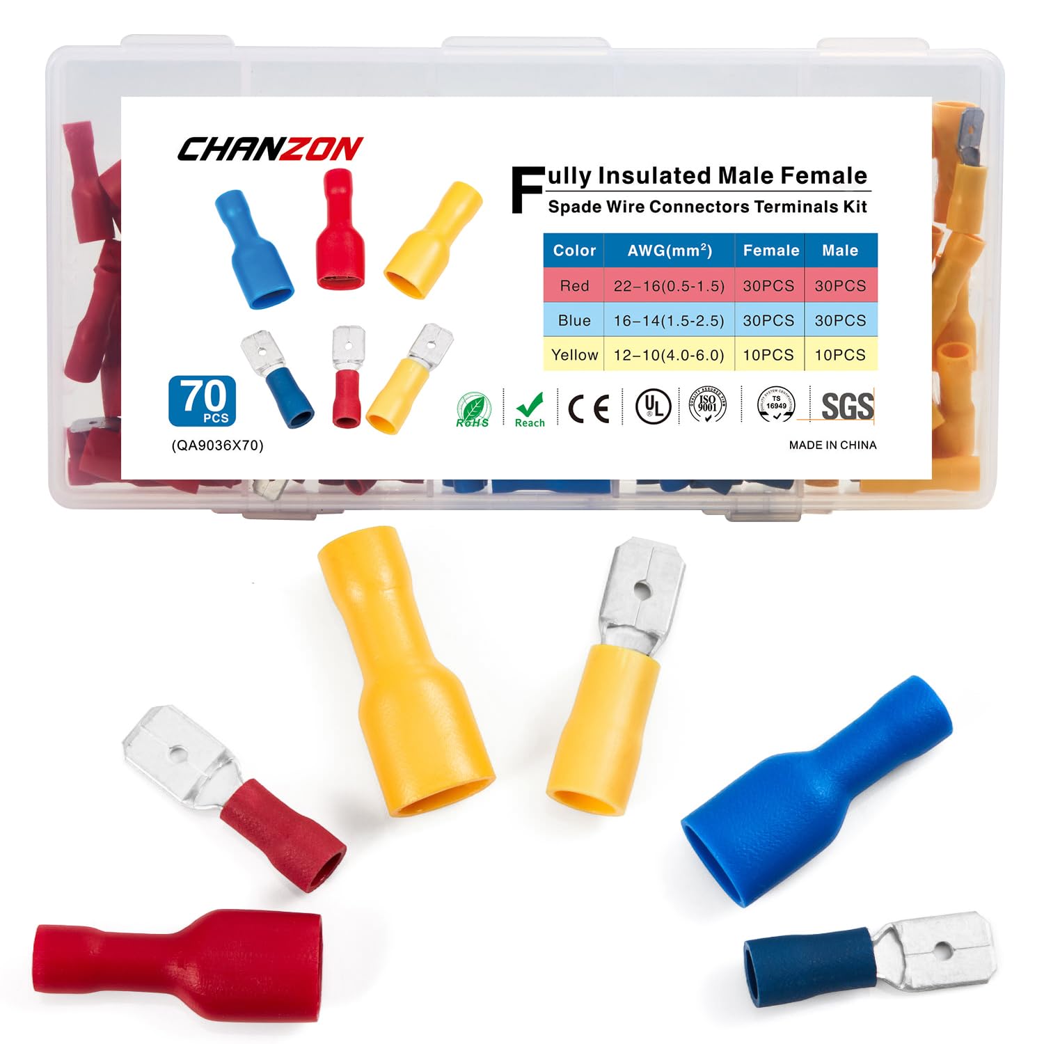 Snapklik.com : Chanzon 140pcs UL Listed 1/4" 6.3mm Male & Female Spade ...