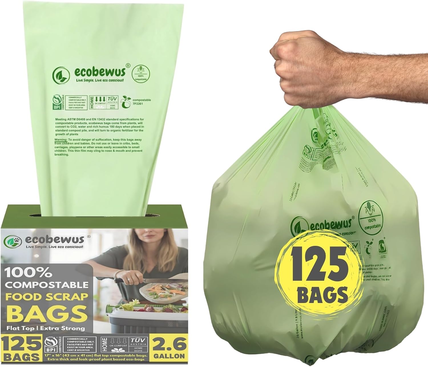 Amazon.com: ECOBEWUS 2.6 Gallon 100% Compostable Bags Flat Top (125 ...