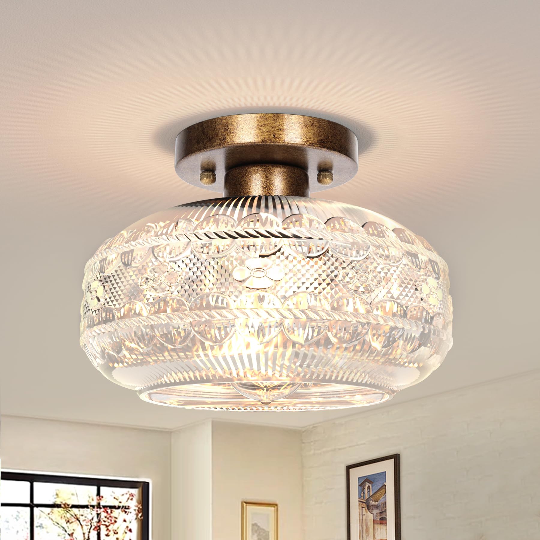 APOTO Semi Flush Mount Ceiling Light Fixture Antique Bronze,Globe Glass ...