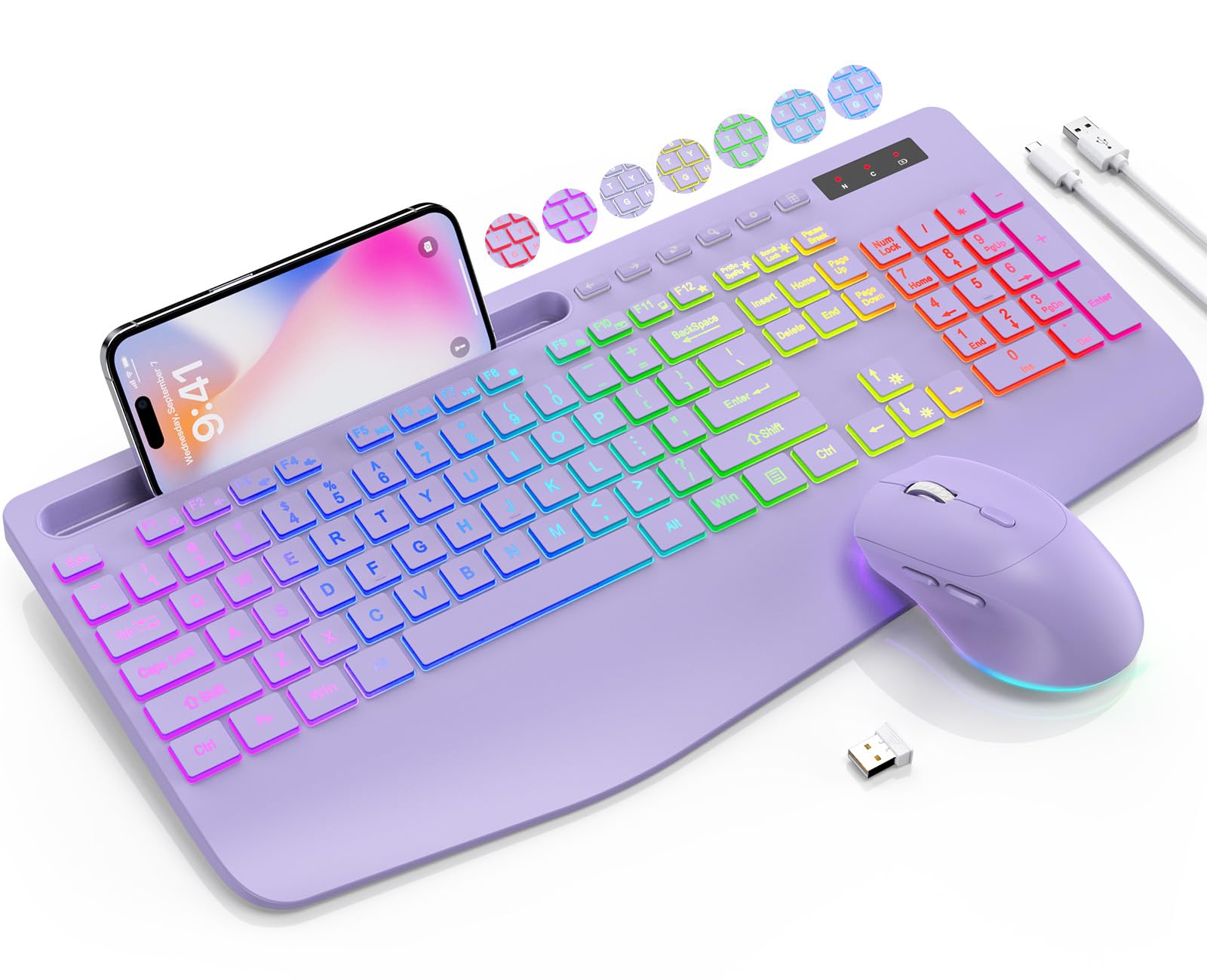 Wireless Keyboard and Mouse Combo, 9 Backlit Effects, Wrist Rest, Phone ...
