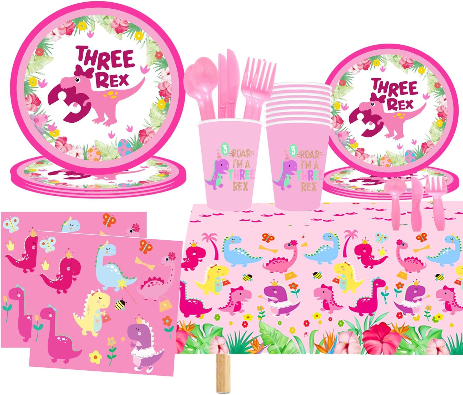 Amazon.com: Miruwtog Pink Three inspired Rex Birthday Party Decorations ...