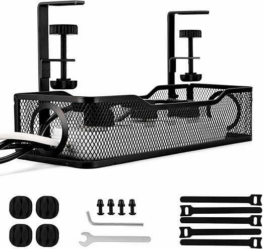 Amazon.com: No Drill Under Desk Cable Management Tray – Clamp-On Metal ...