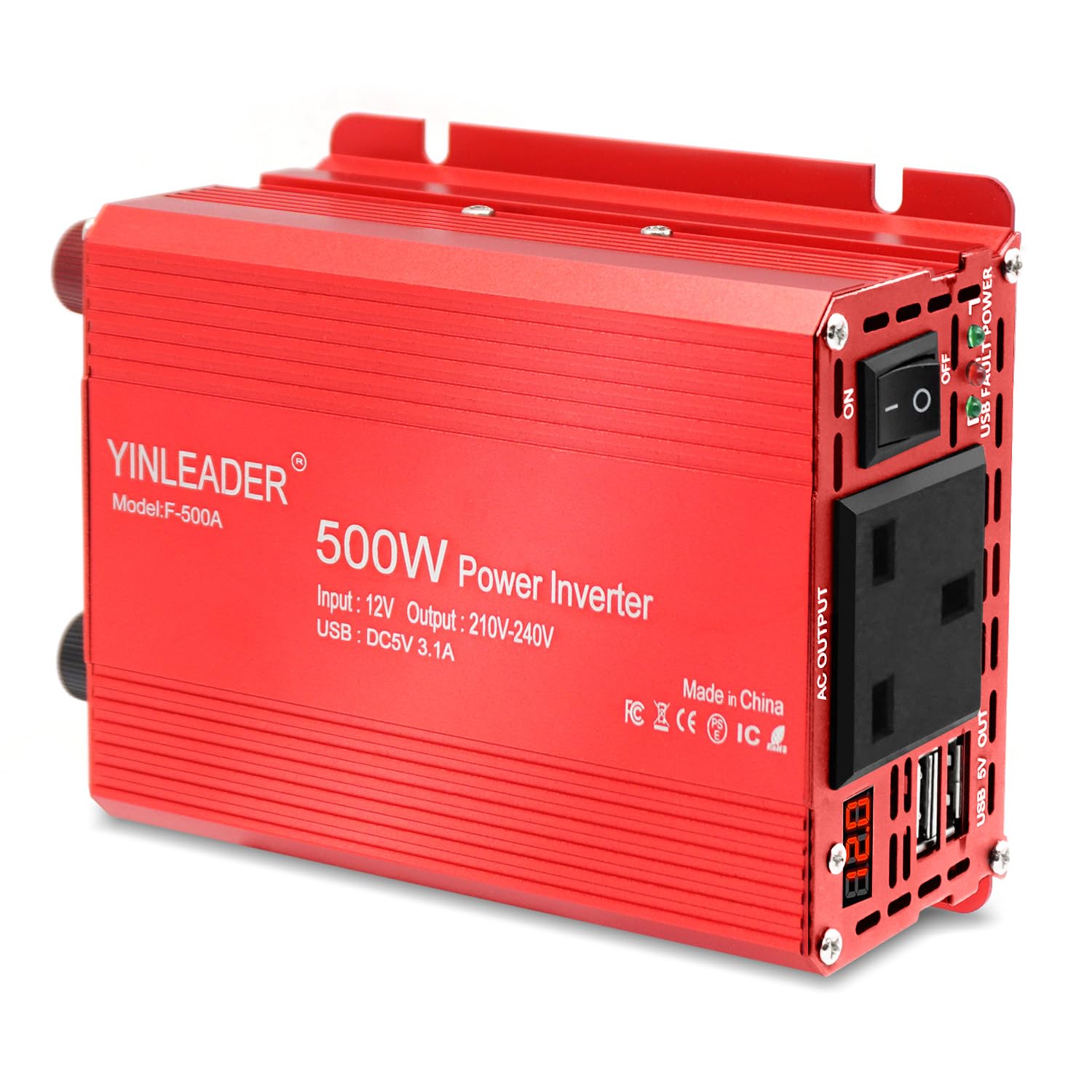 Yinleader Power Inverter 500W DC 12V to 240V AC Dual USB UK Socket car ...