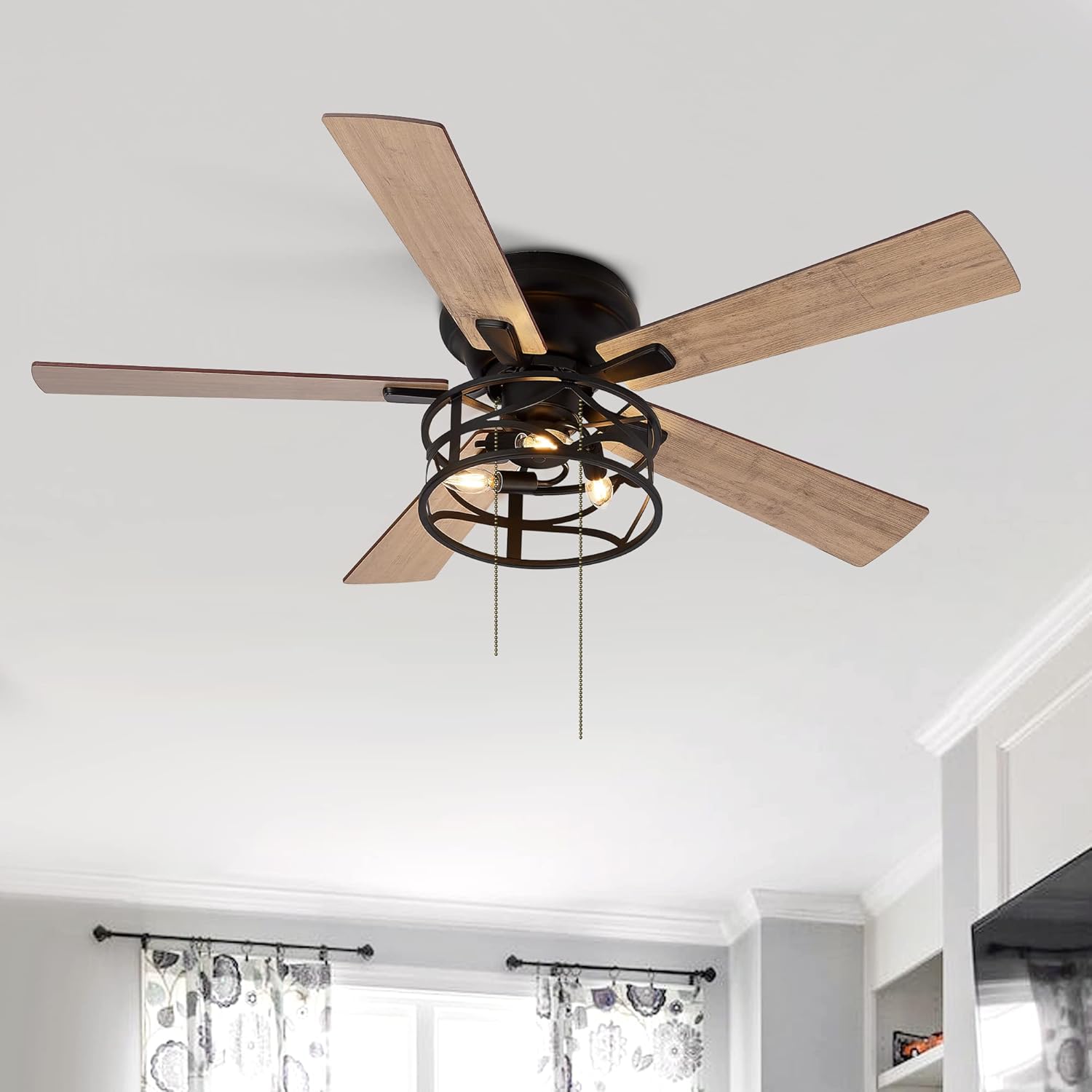 Breezary 52 Inch Flush Mount Ceiling Fan with Light Pull Chain, Black ...