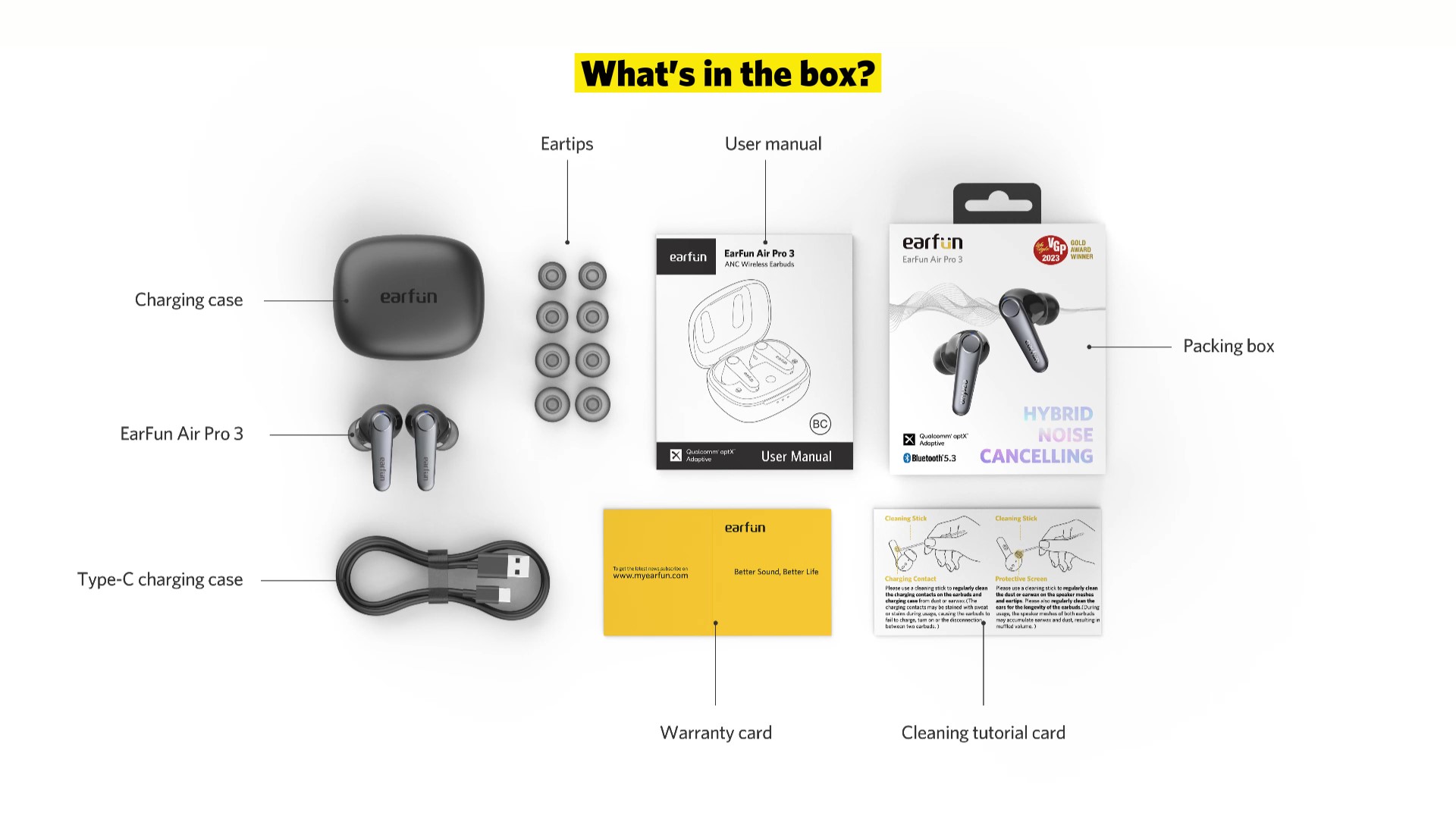 Earfun Air Pro 3 Noise Cancelling Earbuds Box Contents