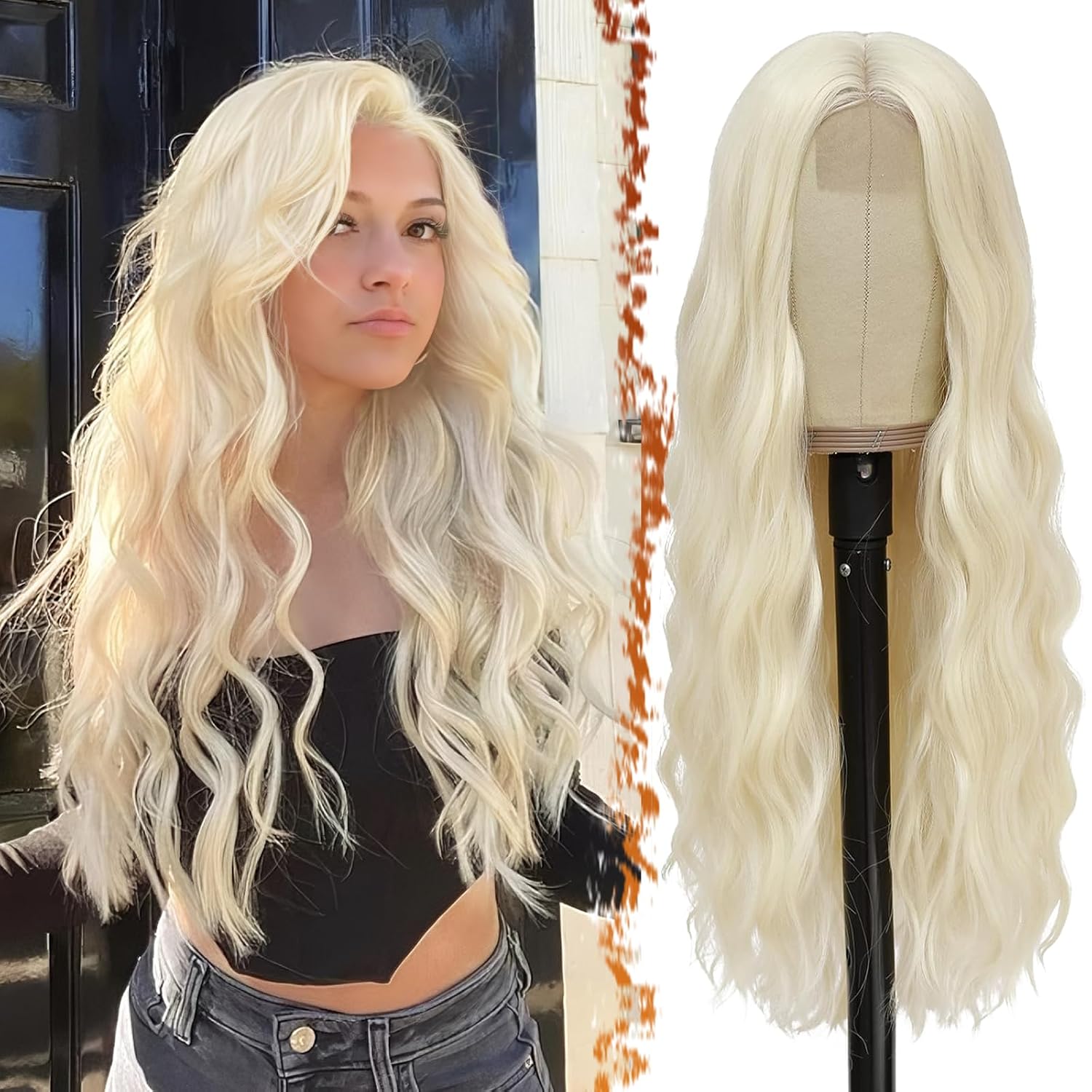 Amazon.com : BARSDAR Long Wavy Platinum Blonde Wig - Long Wavy Middle ...