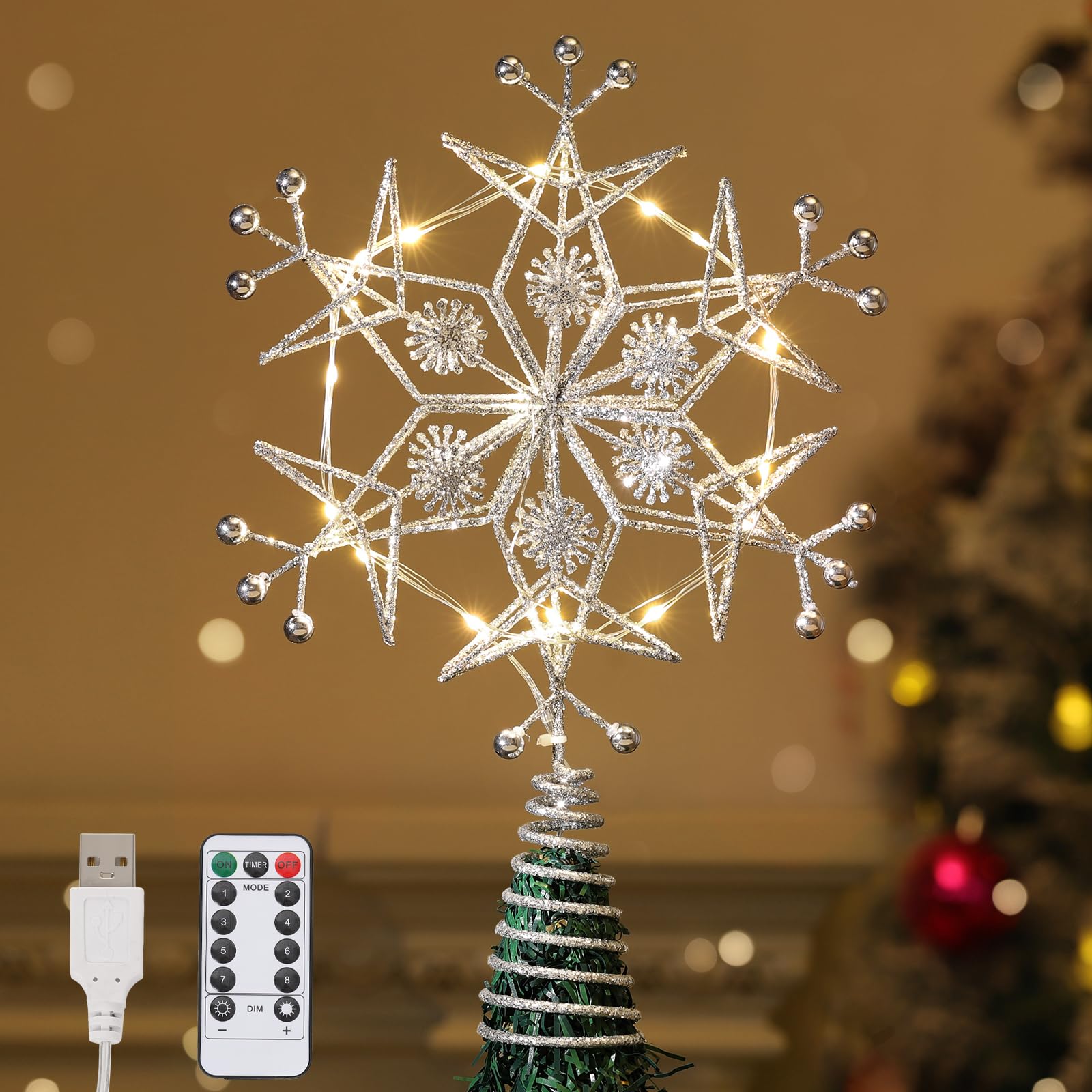 Amazon.com: Lewondr Christmas Tree Topper, Metal Frame Snowflake ...