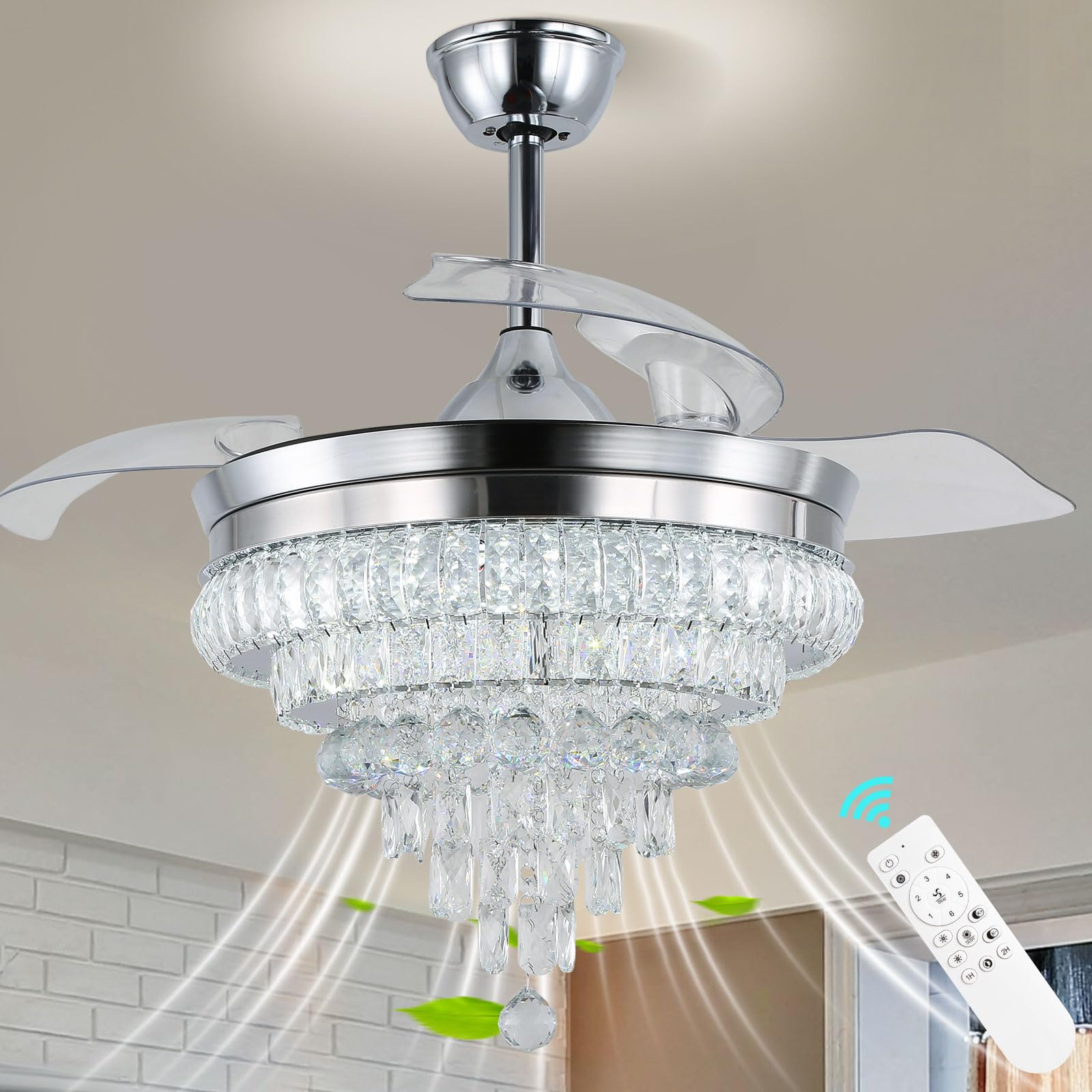 CLAIRDAI 42'' Crystal Ceiling Fan with Light Dimmable Fandelier ...