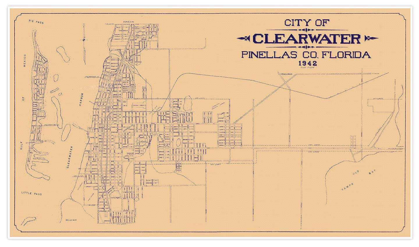 Amazon.com: Antiguos Maps - City of Clearwater, Florida Map circa 1942 ...