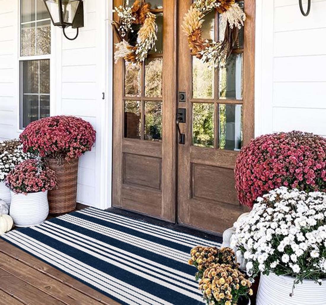 Blue and White Striped Rug 24'' x 51''Outdoor Front Porch Rug Hand ...