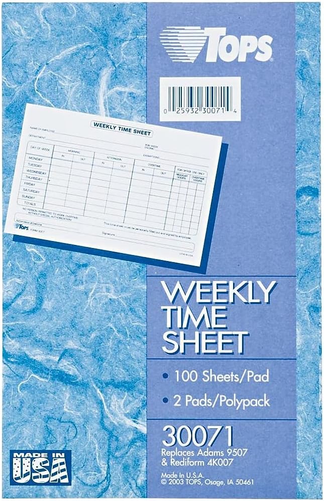 Amazon.com : TOP30071 - TOPS Weekly Timesheet Form : Blank Timecards ...