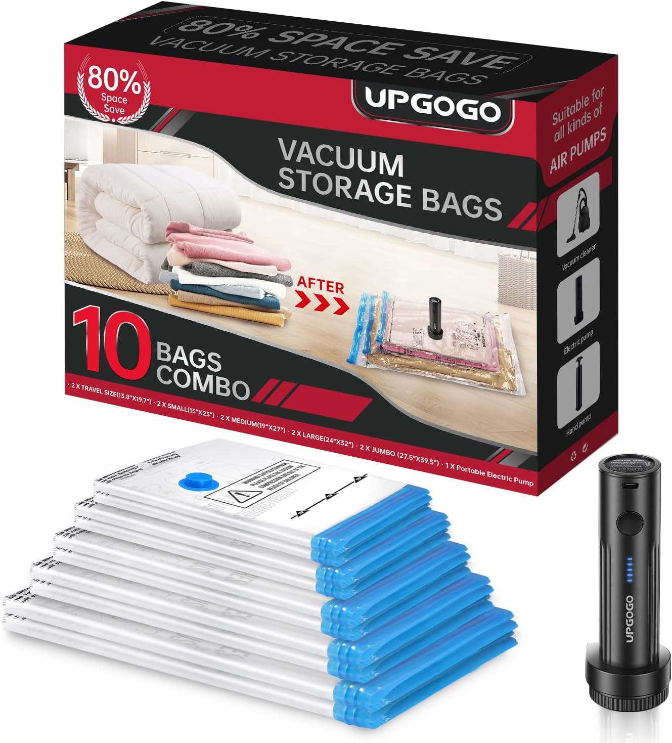 Amazon.com: UPGOGO Bolsas de almacenamiento al vacío con bomba eléctrica portátil, bolsas de ...