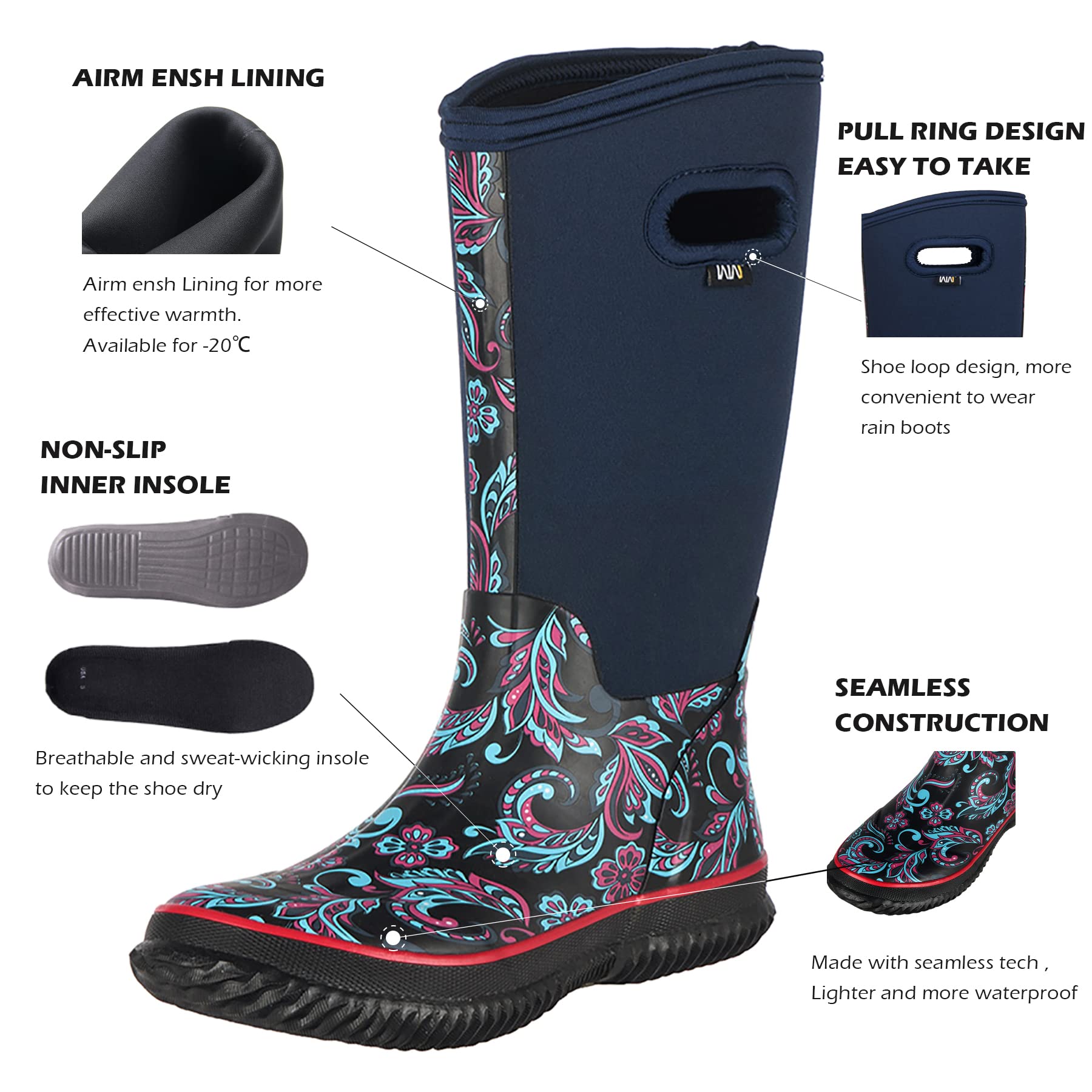 Snapklik.com : Womens Rubber Rain Boots - Mid Calf Waterproof Insulated ...