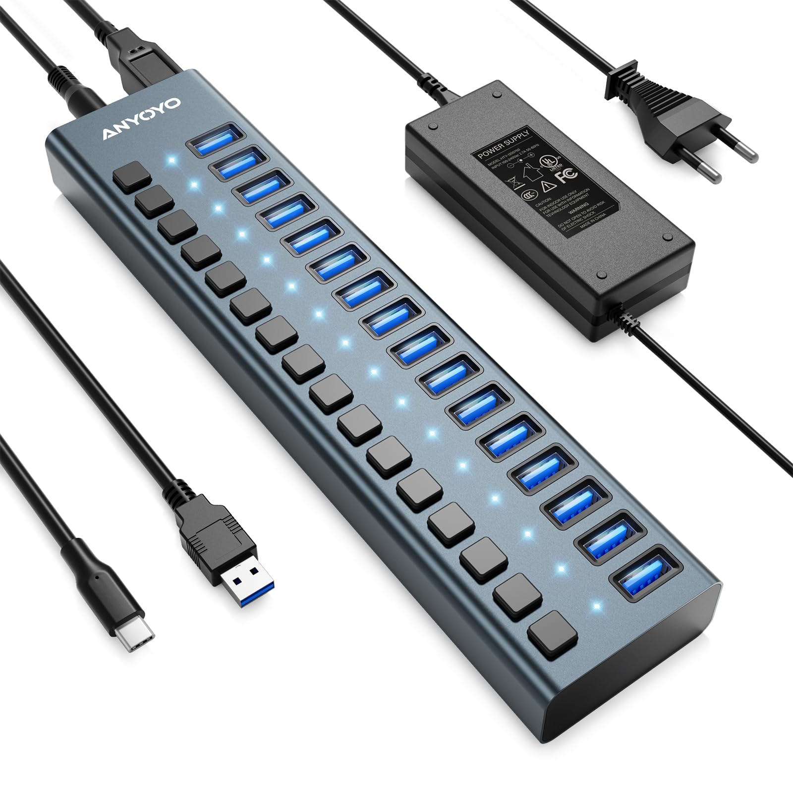 Powered USB Hub - 16 Ports 90W USB 3.0 Data Hub - with Individual ON ...