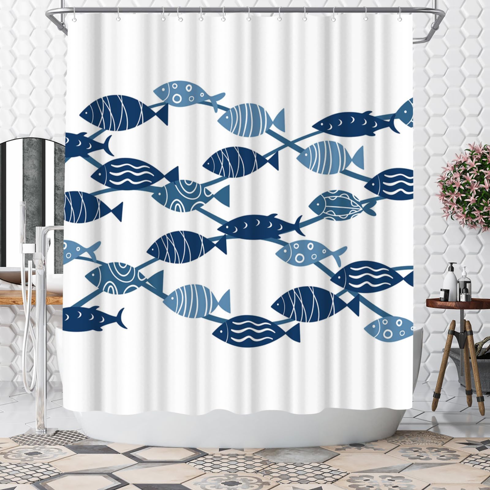 Amazon.com: WELMECO Fish Shower Curtain Blue and White Shower Curtain ...