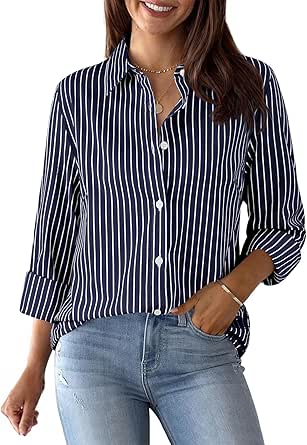 Amazon.com: Womens Button Down Shirts Cotton Striped Dress Shirt Long ...