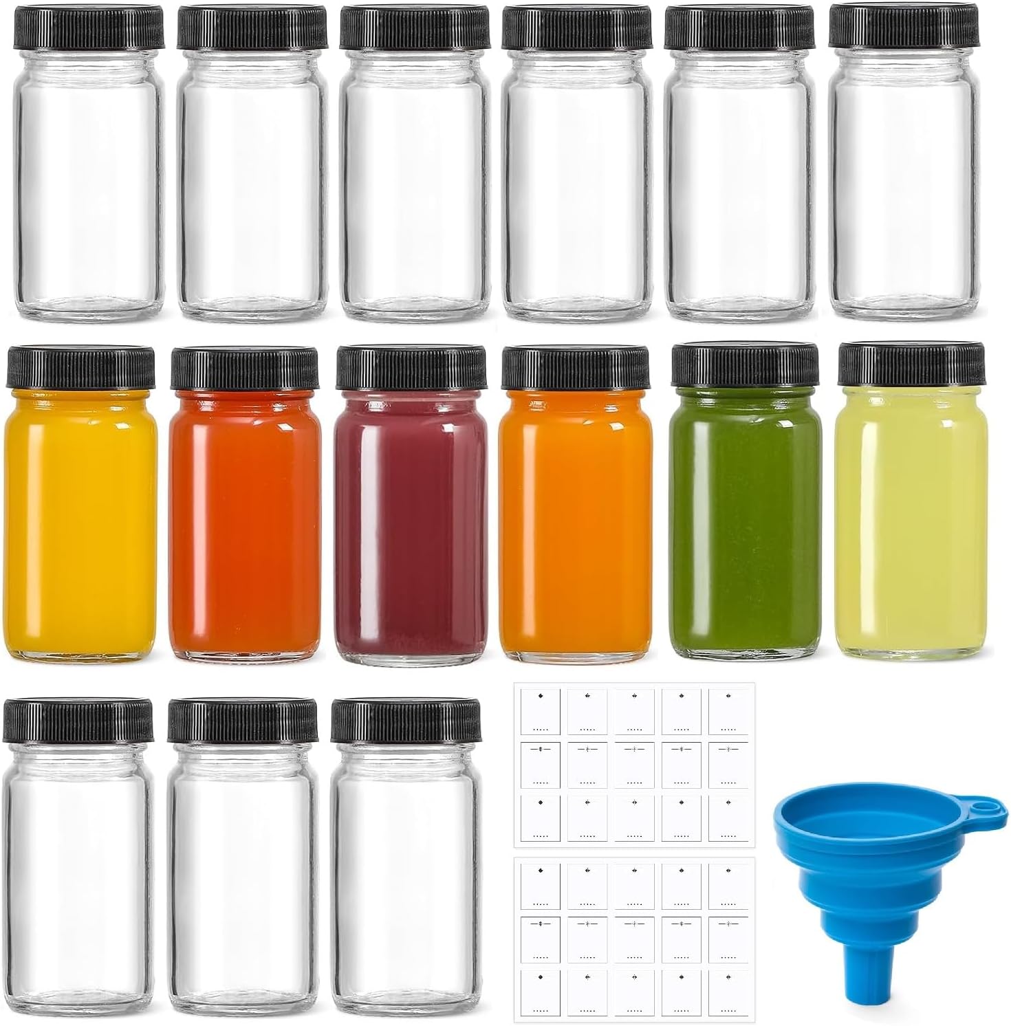 12 Pack, 2 oz Small Clear Glass Bottles w/Lid & 3 Stainless Steel ...