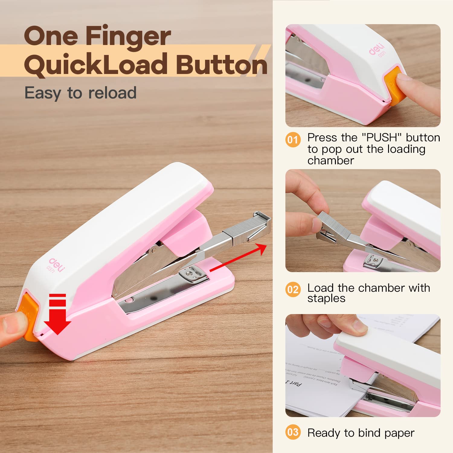 Snapklik.com : Deli Effortless Pink Desktop Stapler, 40 Sheet Capacity ...