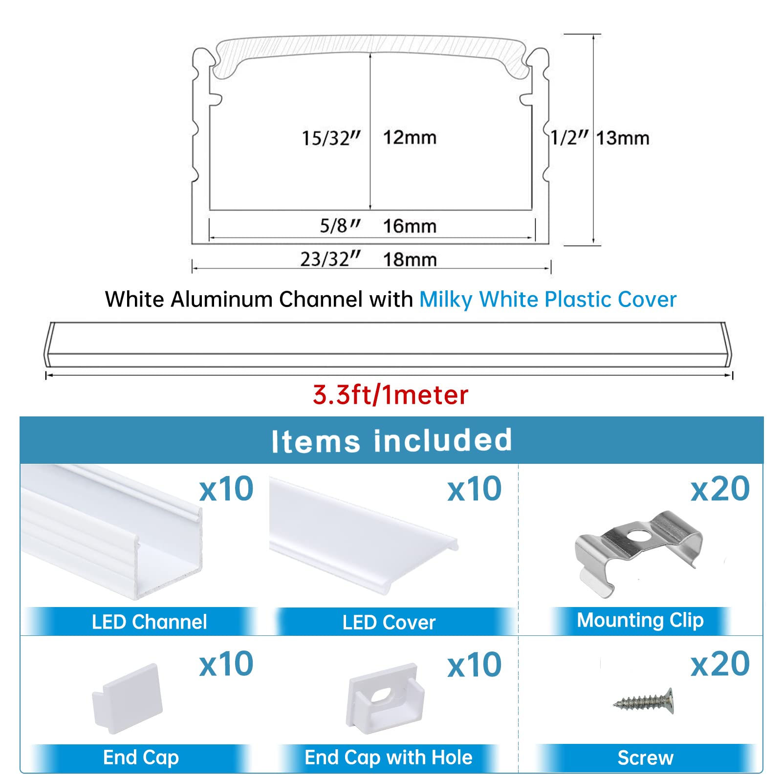 Muzata 10Pack 3.3FT/1M White LED Channel System Spotless U Shape with ...