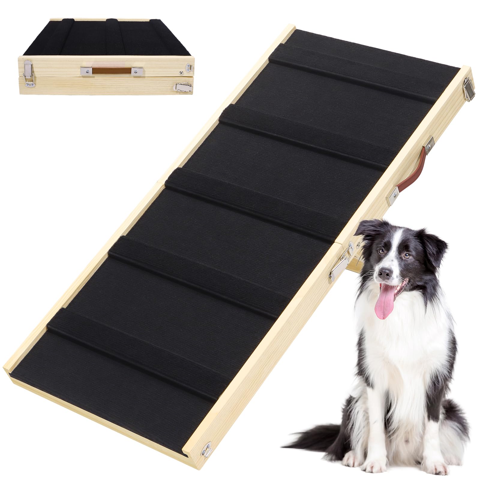 Foldable Dog Ramp 39.4" L x 17.7" W Portable Natural Solid Wood Pet ...